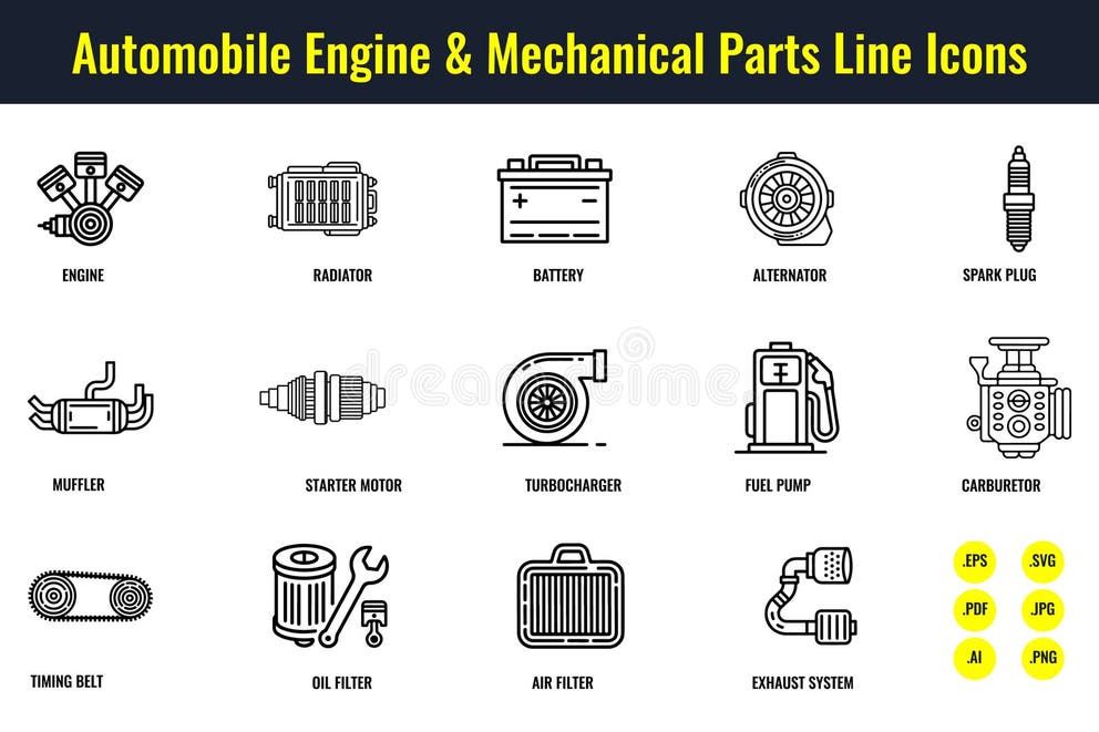 Automobile Engine & Mechanical Parts Line Icon Set Stock Illustration ...