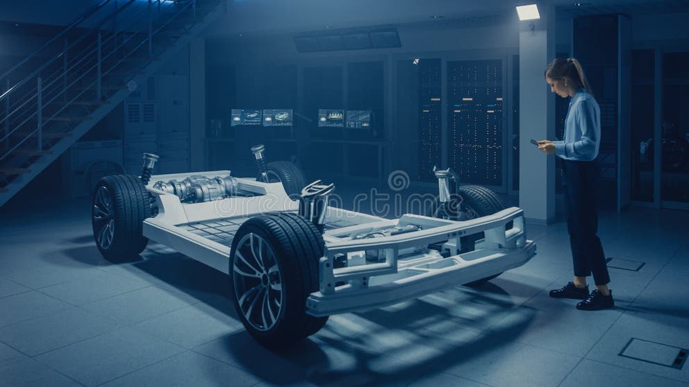 Automobile Engineer Working on Electric Car Chassis Platform, Using ...