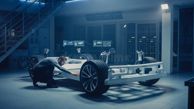 Automobile Engineer Working on Electric Car Platform Chassis Prototype ...