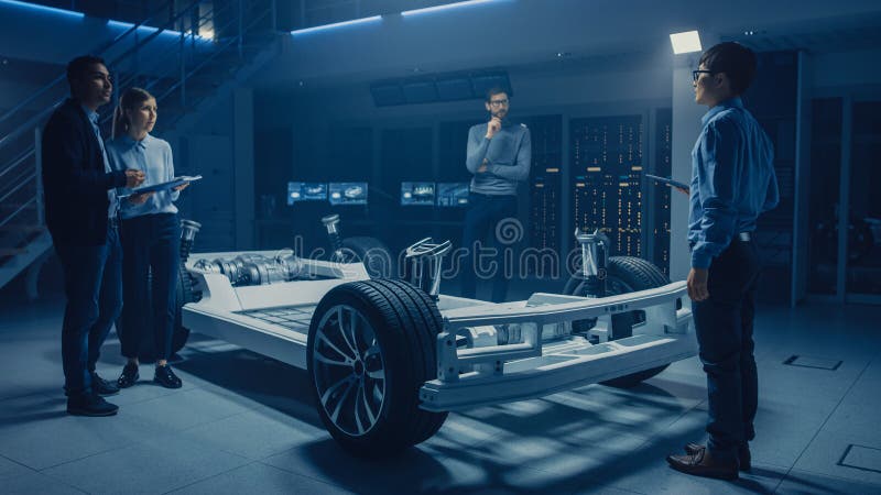 Automobile Engineers Designing Electric Car Platform Chassis Prototype ...