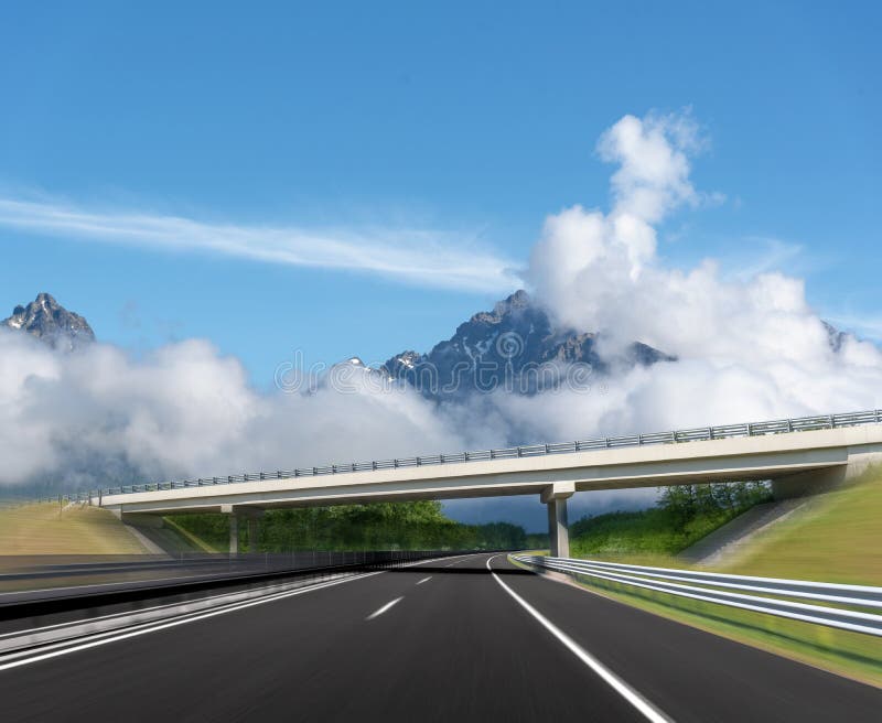 Automobile Highway on the Background of Mountains and a Bridge Over the ...