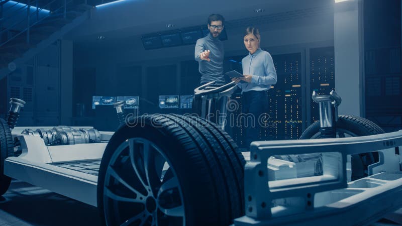 Automobile Mae and Female Design Engineers Working on Electric Car ...
