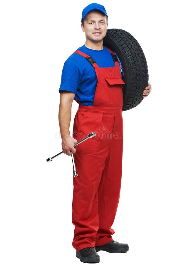 Automobile Mechanic with Car Tire and Spanner Stock Image - Image of ...