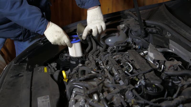 An Automobile Mechanic Installs a New Fuel Filter in a Car. Fuel Filter ...