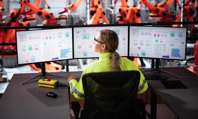 Automobile Production System Monitoring. Desktop Computers Stock Image ...