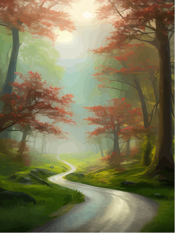 Automobile Road through Spring Forest. Vector Illustration of ...