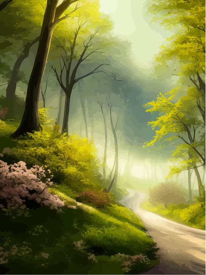 Automobile Road through Spring Forest. Vector Illustration of ...