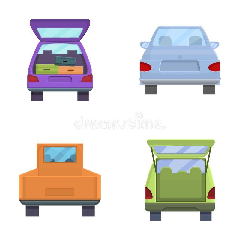 Automobile Trunk Icons Set Cartoon Vector. Various Minivan with Open ...