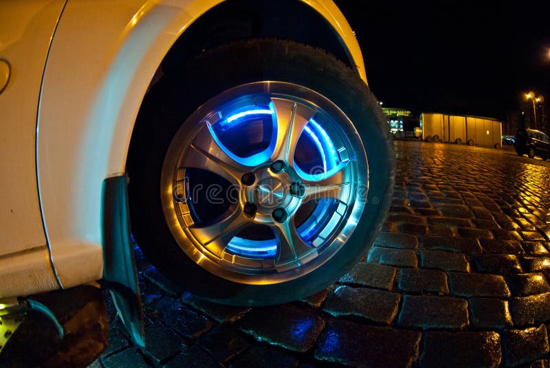 Automobile Wheel with Neon Illumination Stock Photo - Image of ...
