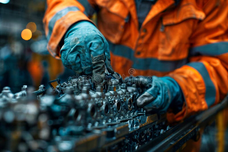 Automotive Assembly Line Worker Installing Car Engine. Closeup Hands ...