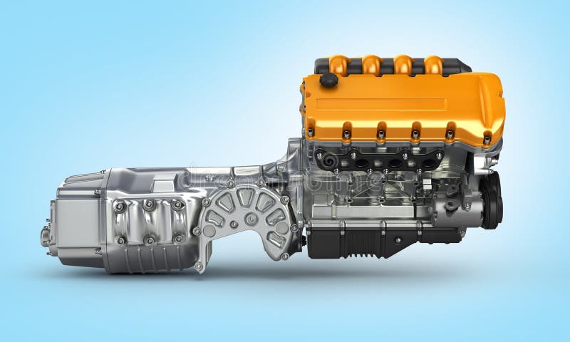 Automotive Engine Gearbox Assembly Side View on Blue Gradient ...