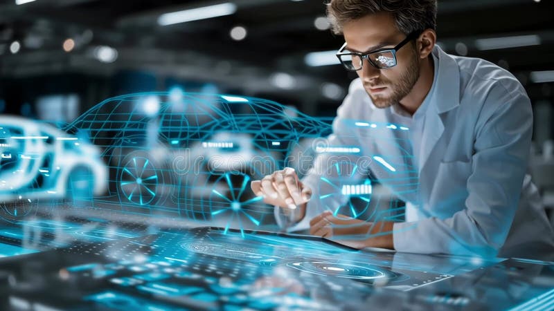 Automotive Engineer Analyzing Futuristic Car Technology. Digital Car ...