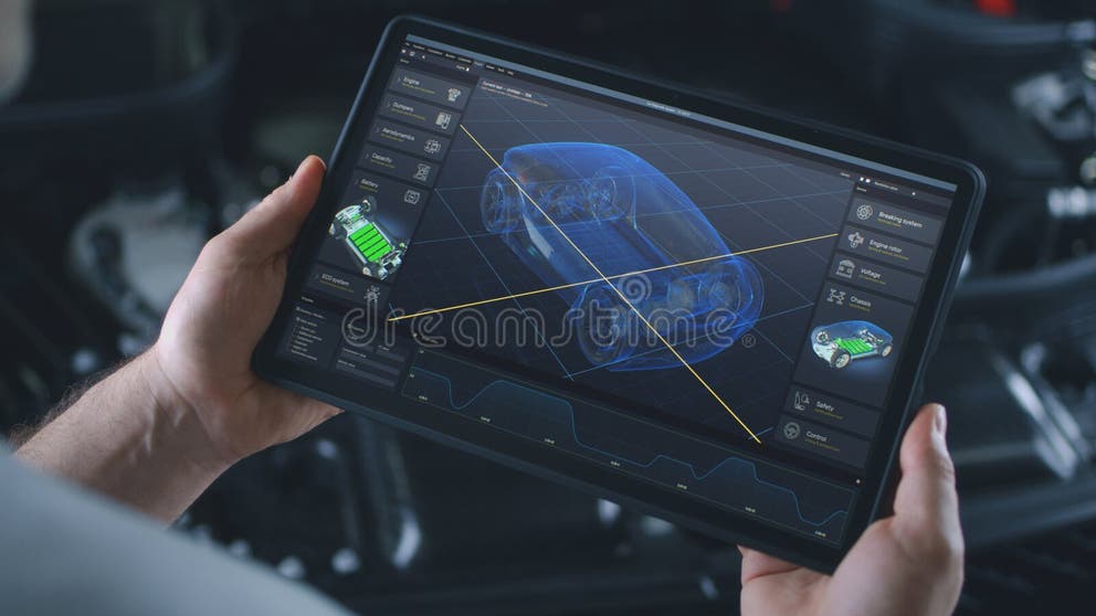 Engineer Holds Tablet with Simulation of Car Diagnostics Displayed on ...