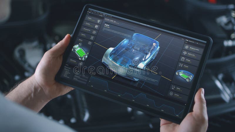 Engineer Holds Tablet with Simulation of Car Diagnostics Displayed on ...