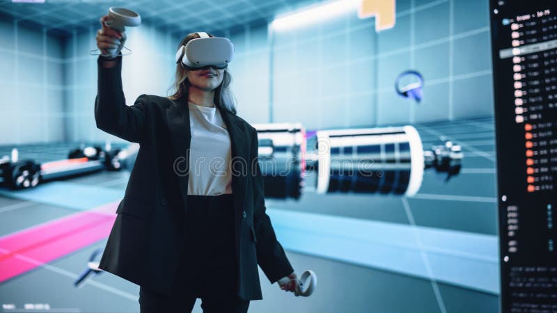 Automotive Engineer Making Presentation of a Modern VR Software Testing ...