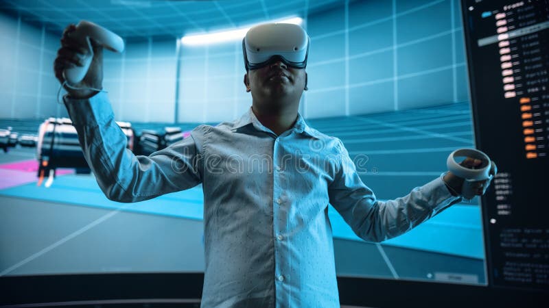 Automotive Engineer Making Presentation of a Modern VR Software Testing ...