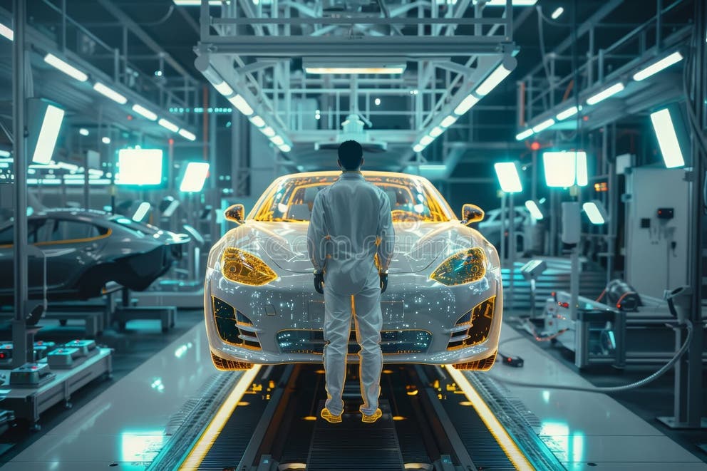 Automotive Engineer Using Advanced Technology for Car Manufacturing at Futuristic Assembly Line ...