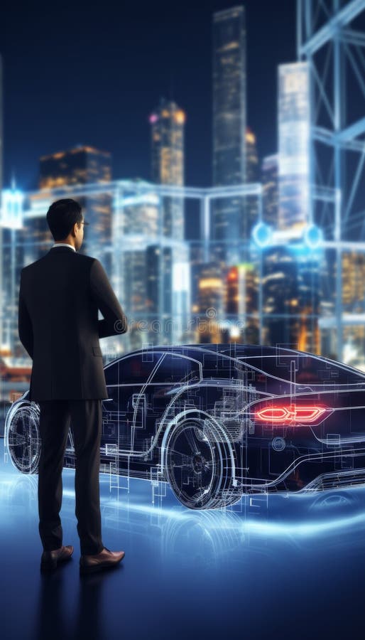 Automotive Engineer Using Ai for Electric Car Design on Hologram, Smart ...