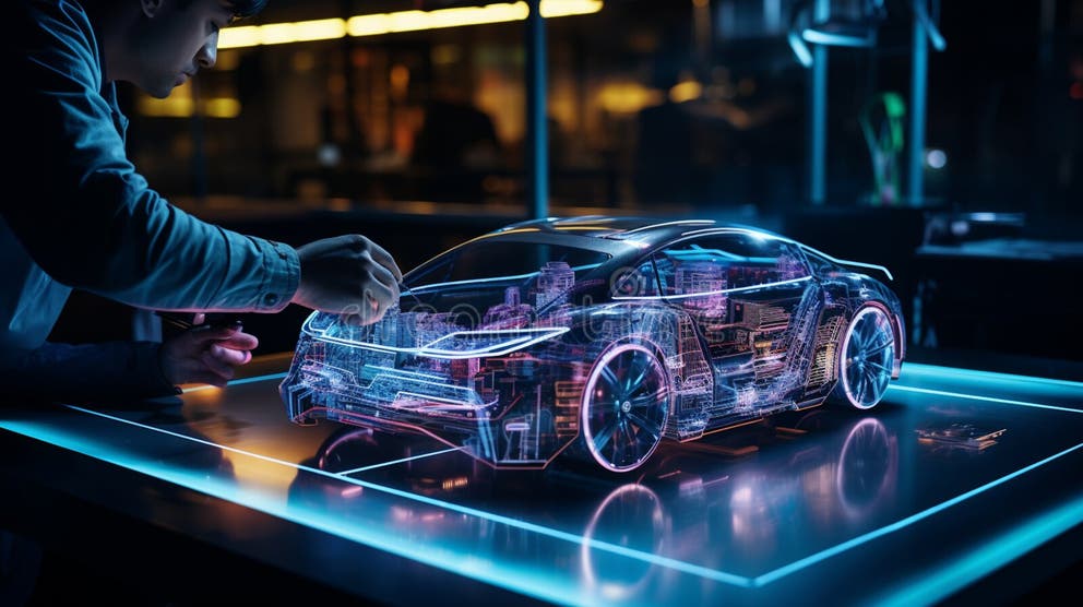 Automotive Engineer Using Digital Tablet Computer with Augmented Reality 3D Software for 3D Car ...