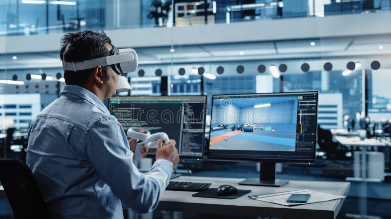 Automotive Engineer Using a VR Software To Work on Electric Motor and ...