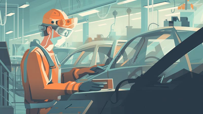 Automotive Engineer Working on a Production Line, Overseeing the ...