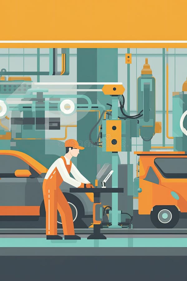 Automotive Engineer Working on a Production Line, Overseeing the ...