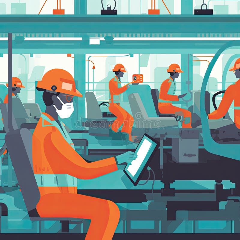 Automotive Engineer Working on a Production Line, Overseeing the ...