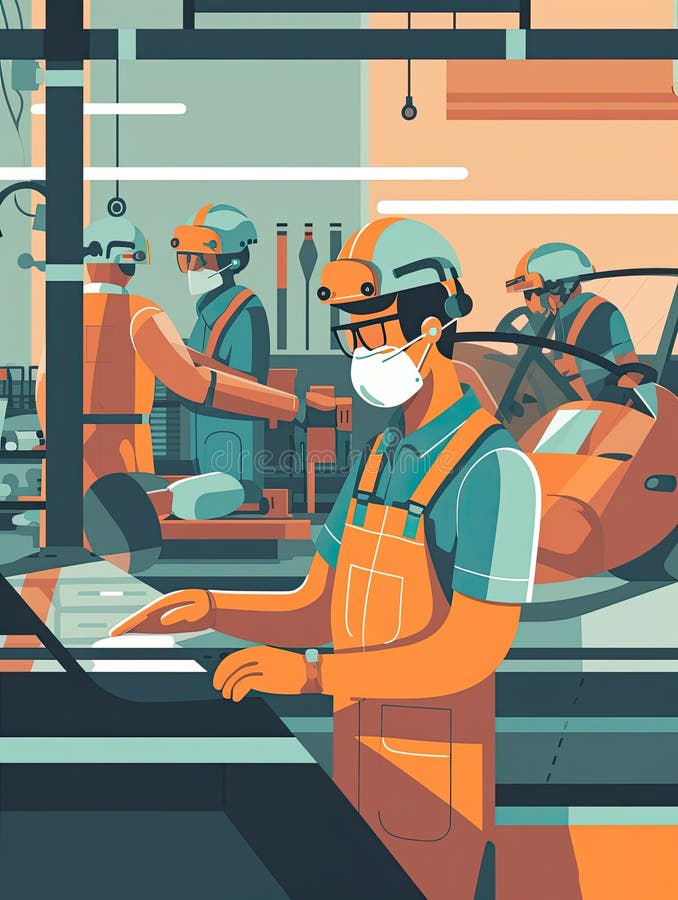 Automotive Engineer Working on a Production Line, Overseeing the ...