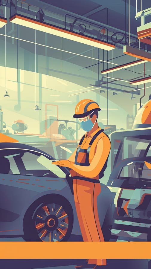 Automotive Engineer Working on a Production Line, Overseeing the ...