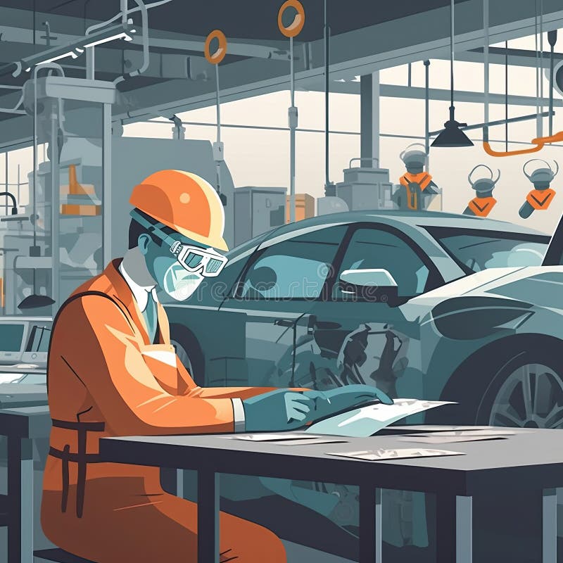 Automotive Engineer Working on a Production Line, Overseeing the ...