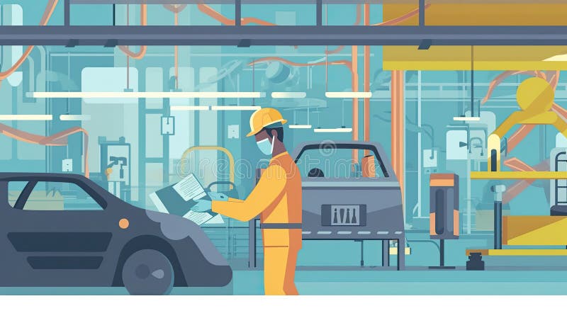 Automotive Engineer Working on a Production Line, Overseeing the ...