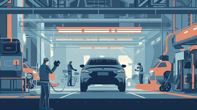 Automotive Engineer Working on a Production Line, Overseeing the ...