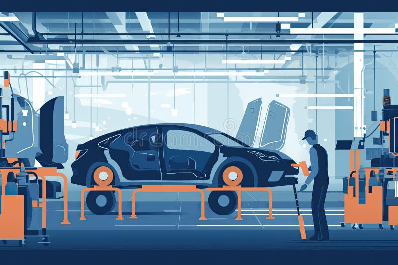 Automotive Engineer Working on a Production Line, Overseeing the ...