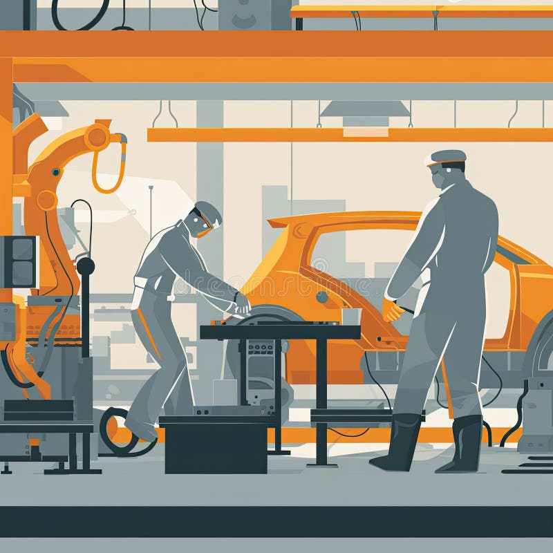 Automotive Engineer Working on a Production Line, Overseeing the ...