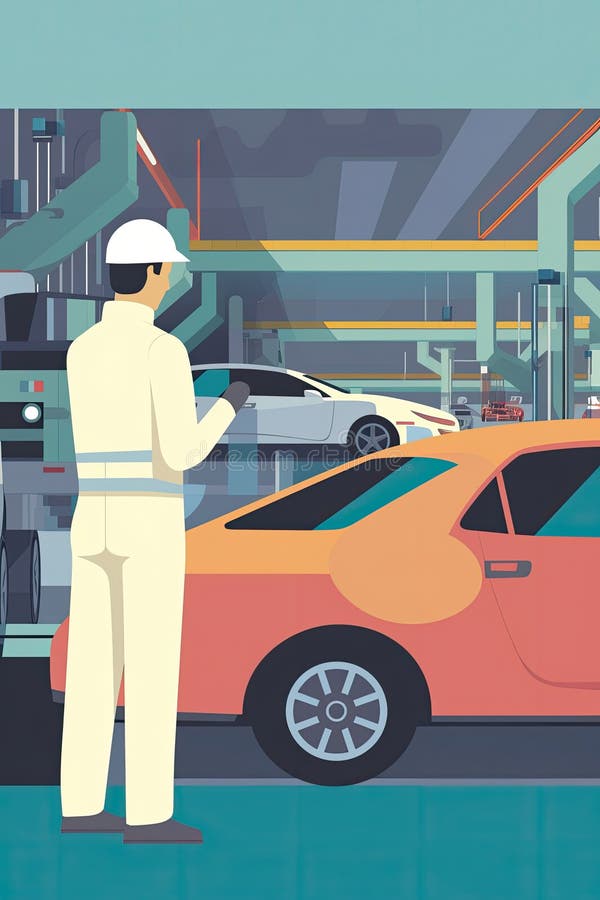 Automotive Engineer Working on a Production Line, Overseeing the ...