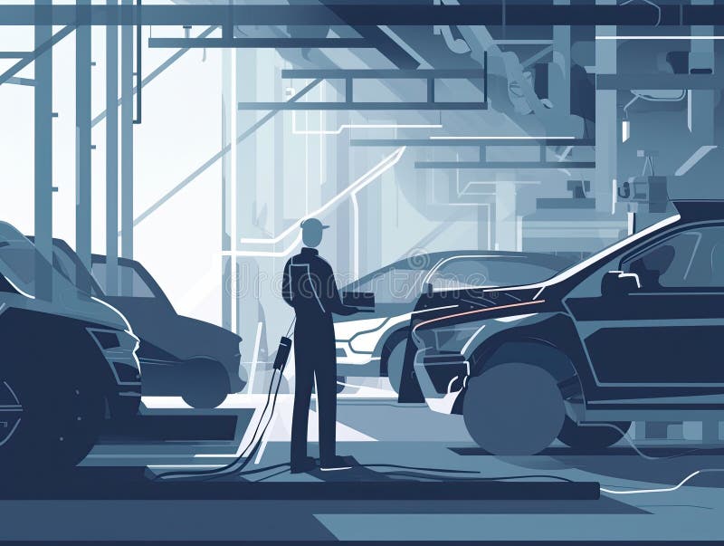 Automotive Engineer Working on a Production Line, Overseeing the ...