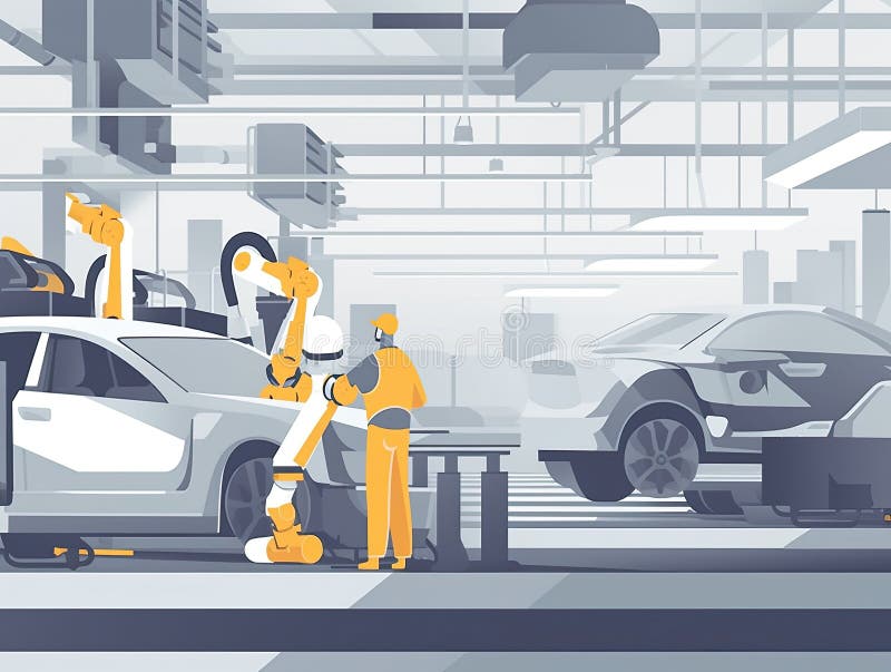 Automotive Engineer Working on a Production Line, Overseeing the ...