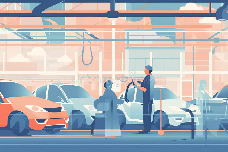 Automotive Engineer Working on a Production Line, Overseeing the ...