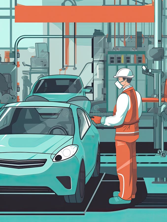 Automotive Engineer Working on a Production Line, Overseeing the ...