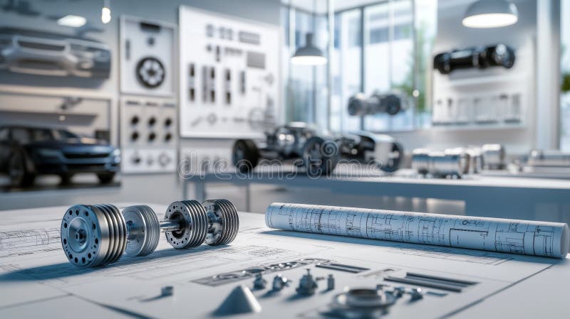 Automotive Engineering Workspace with Blueprints and Models Stock ...
