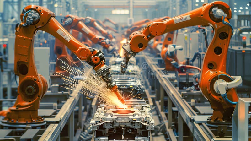 Automotive Factory Assembly Line with Robotic Arm. Stock Illustration ...