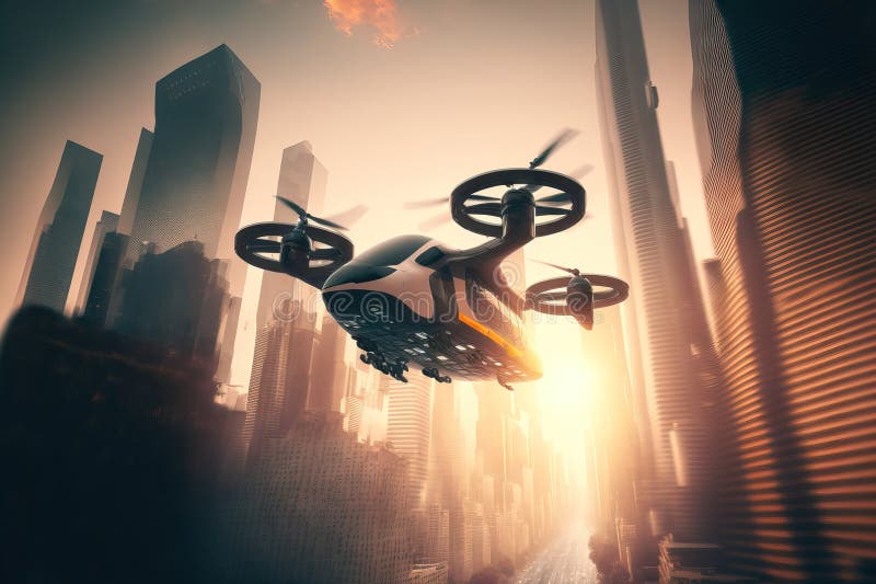 Autonomous Aerial Vehicle Flying through the City, Stock Illustration ...