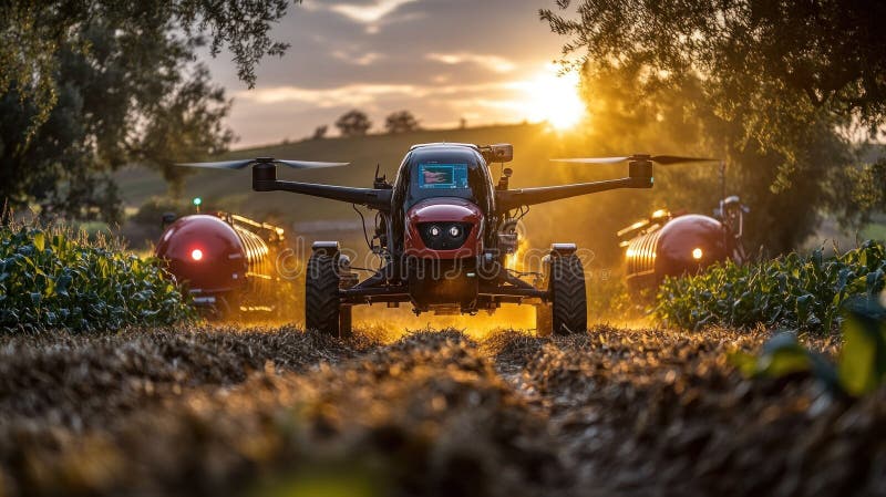 Autonomous Agricultural Drone in a Field at Sunset. Tankers in the ...