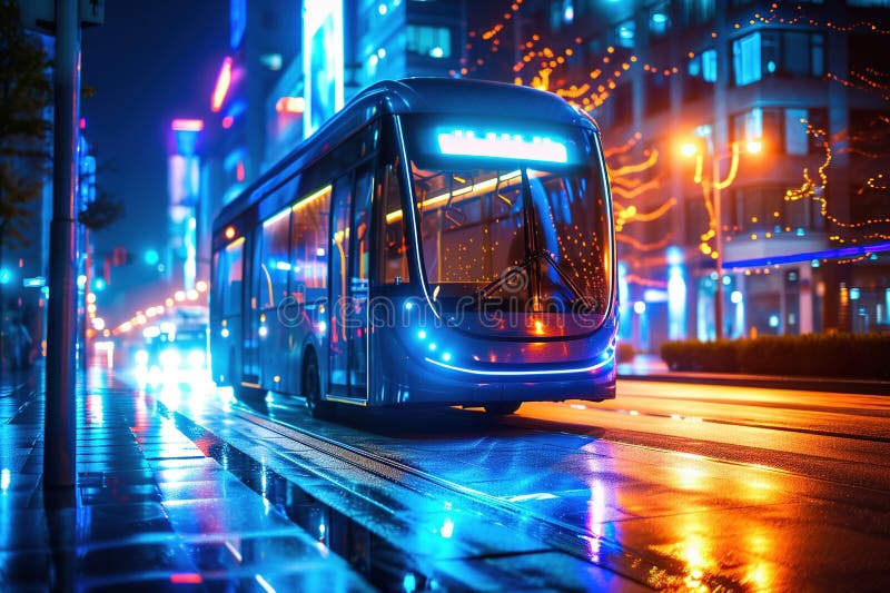 Autonomous AI-driven Bus on City Street at Night. Generative AI Stock ...