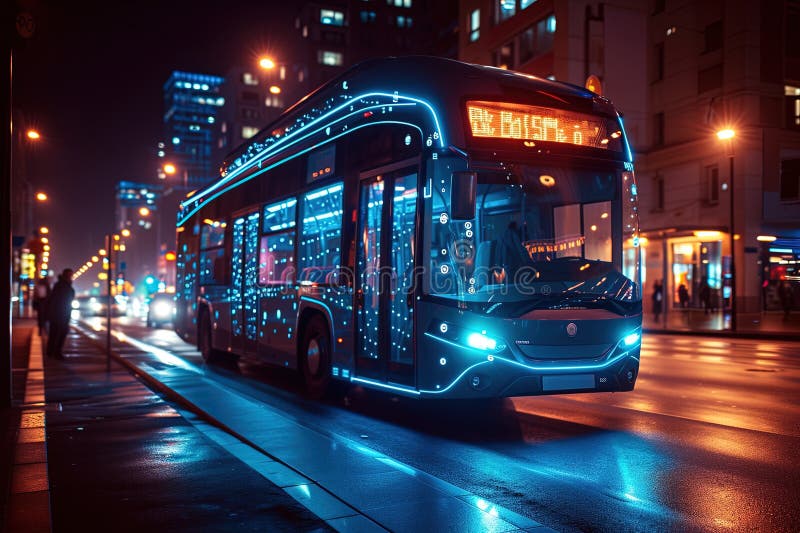 Autonomous AI-driven Bus on City Street at Night. Generative AI Stock ...
