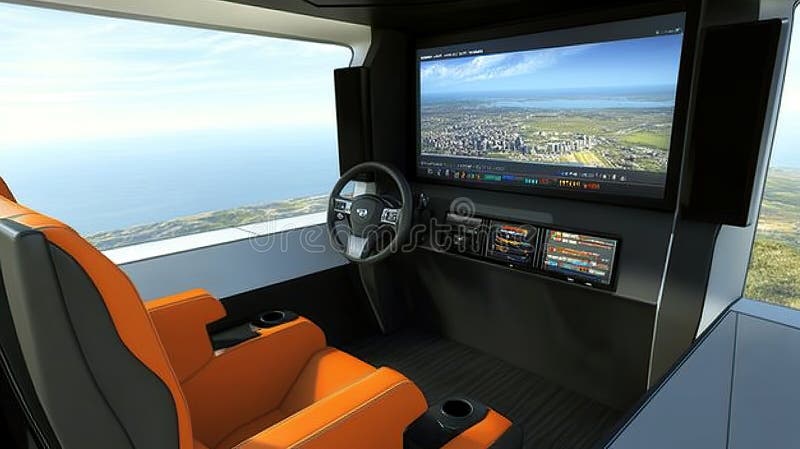Autonomous Aircraft Cockpit City View, Flight Simulator, Aerial Stock ...
