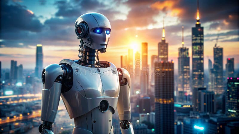 Autonomous Android Navigates a Futuristic Urban Hub a Sleek ...