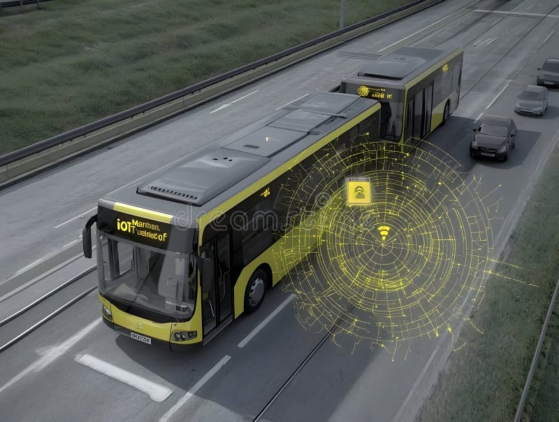 Autonomous Bus on Highway, Digital Interface Overlay, Futuristic ...