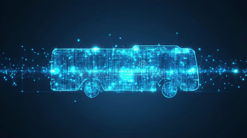 Autonomous Bus Transportation Concept. Glowing Blue Digital Outline of ...