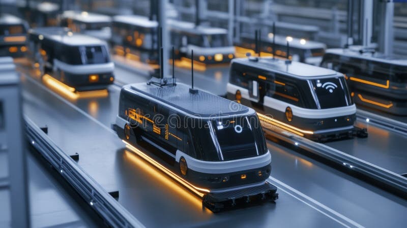 Autonomous Buses Moving on Assembly Line in a Futuristic Factory Stock ...